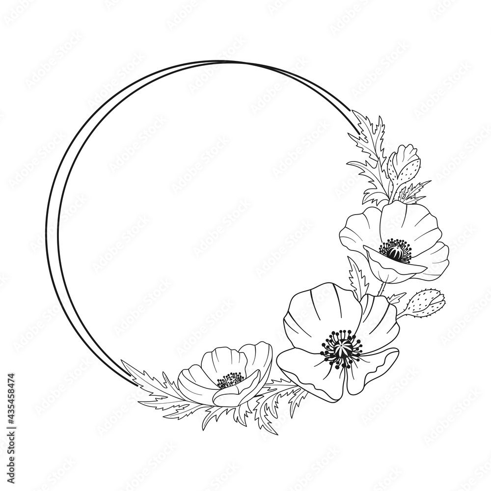 Poppy round frame. Flowers, buds, leaves of poppy and the frame in the ...