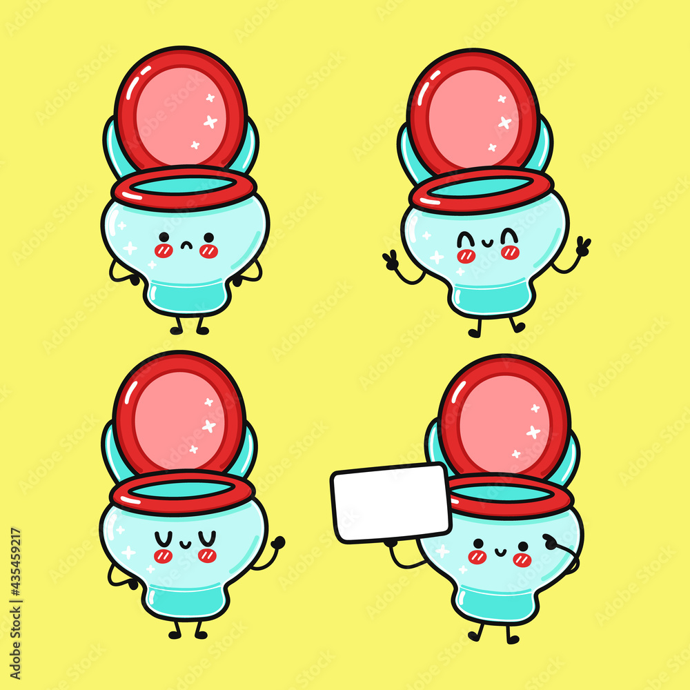 Funny cute happy Toilet characters bundle set. Vector kawaii line ...
