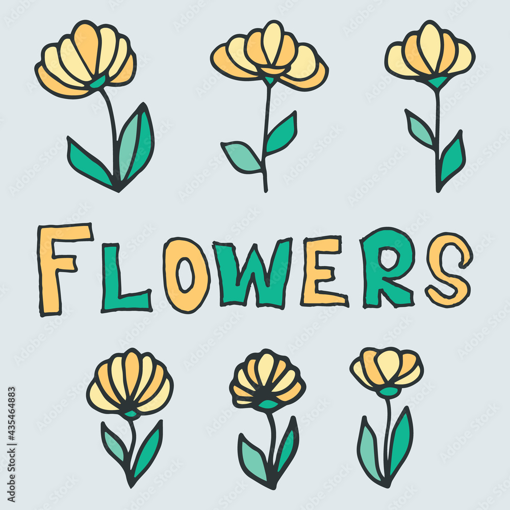 Flowers and leaves. Green and yellow. Gray background, gray outline ...
