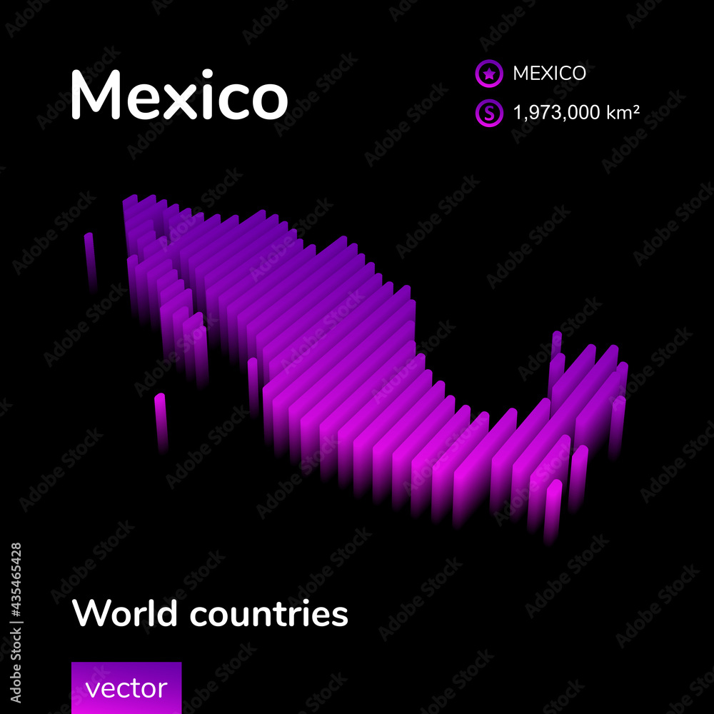 Stylized neon digital isometric striped vector Mexico map with 3d ...