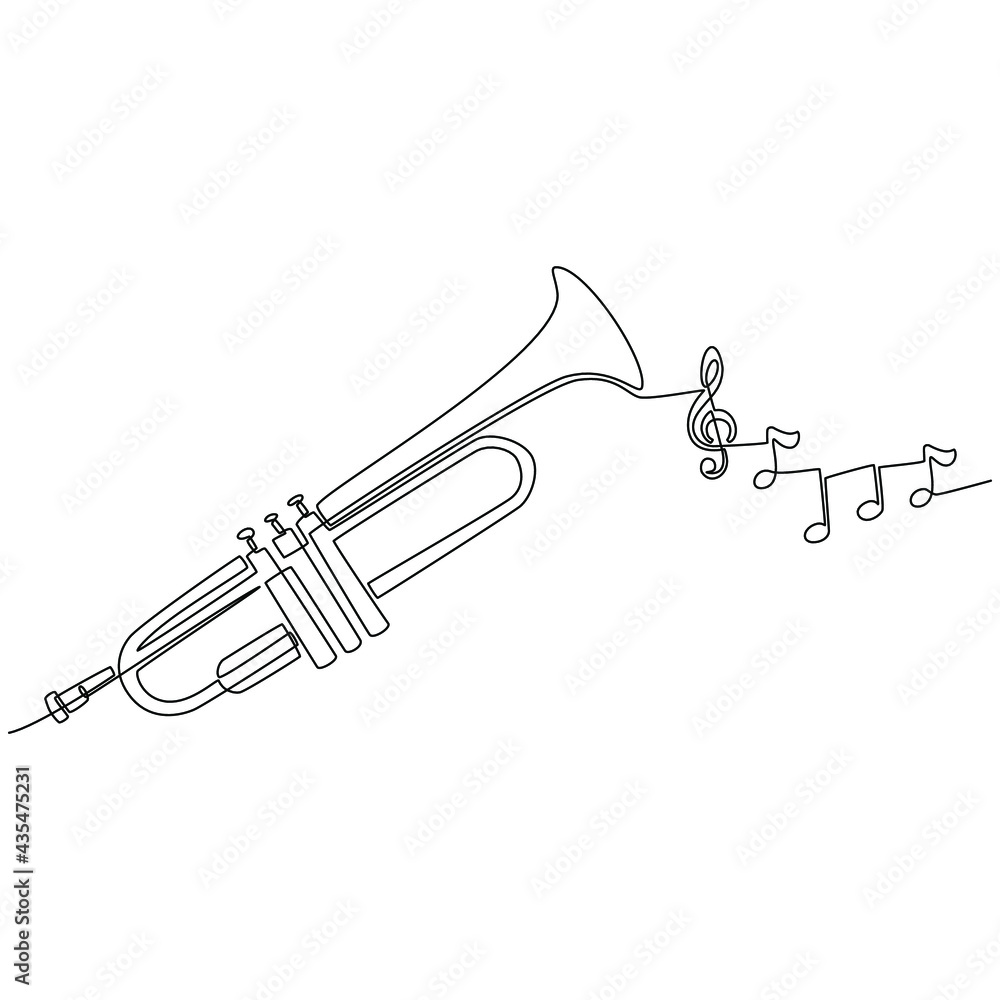 Continuous line drawing of a trumpet musical instrument with instrument ...