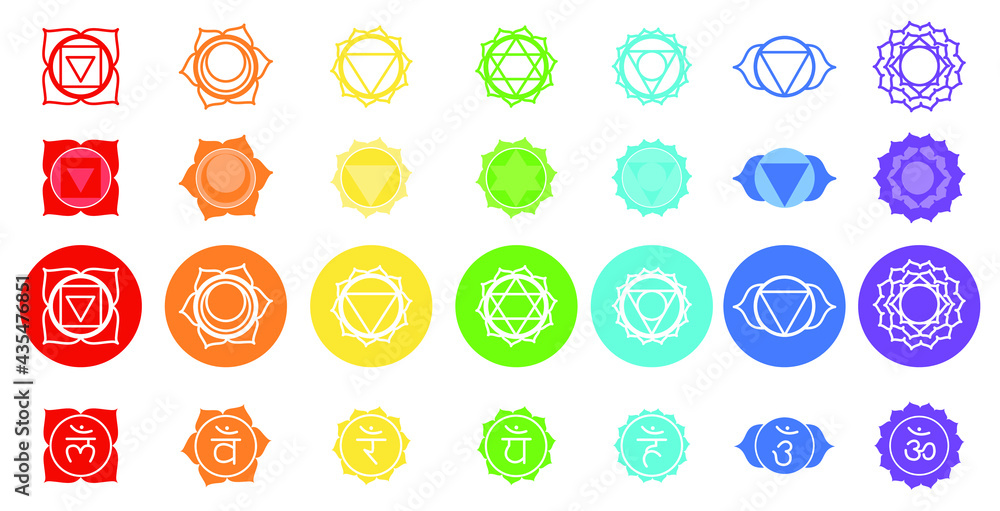 Vector symbol set of chakras. Solid character illustration of Hinduism ...