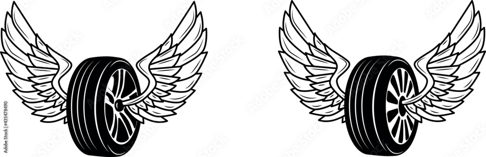 Wheel with wing, racing symbol or tattoo, speedway racing club, car and ...