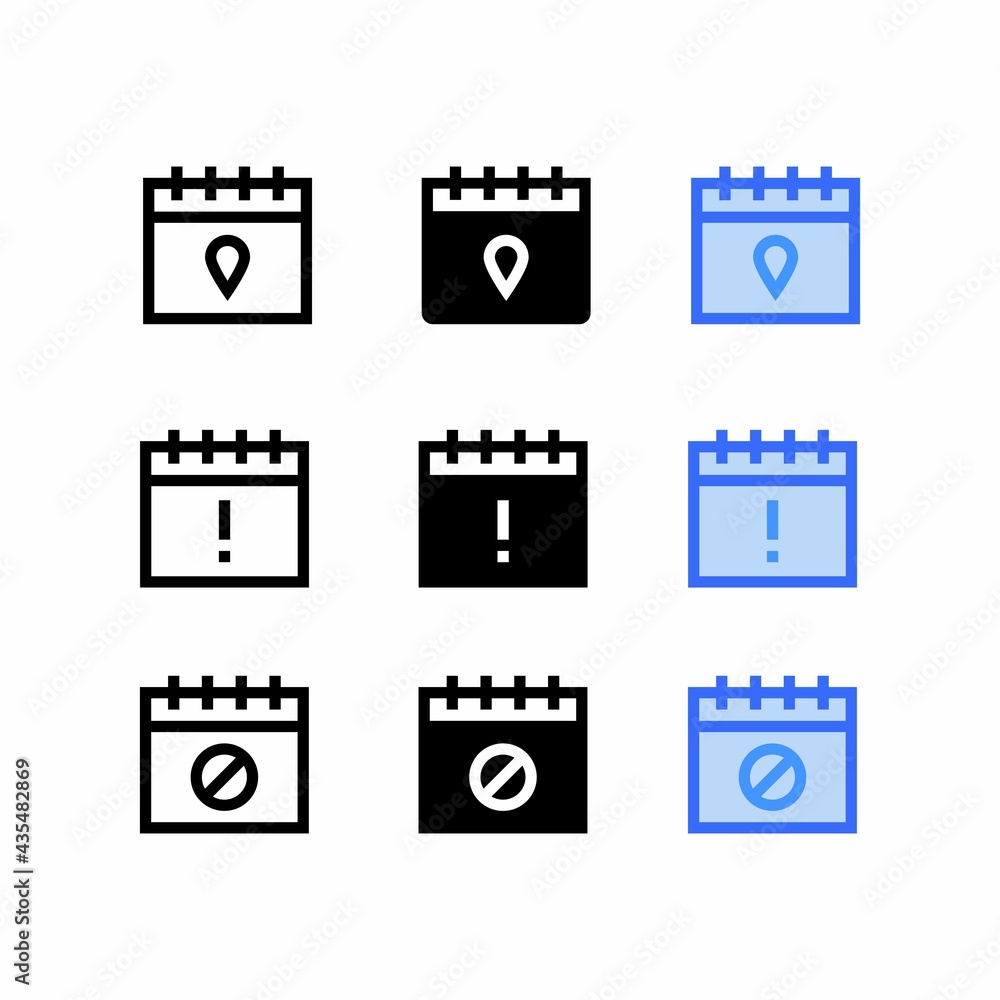 location icon with three style time and date sign symbols and event ...
