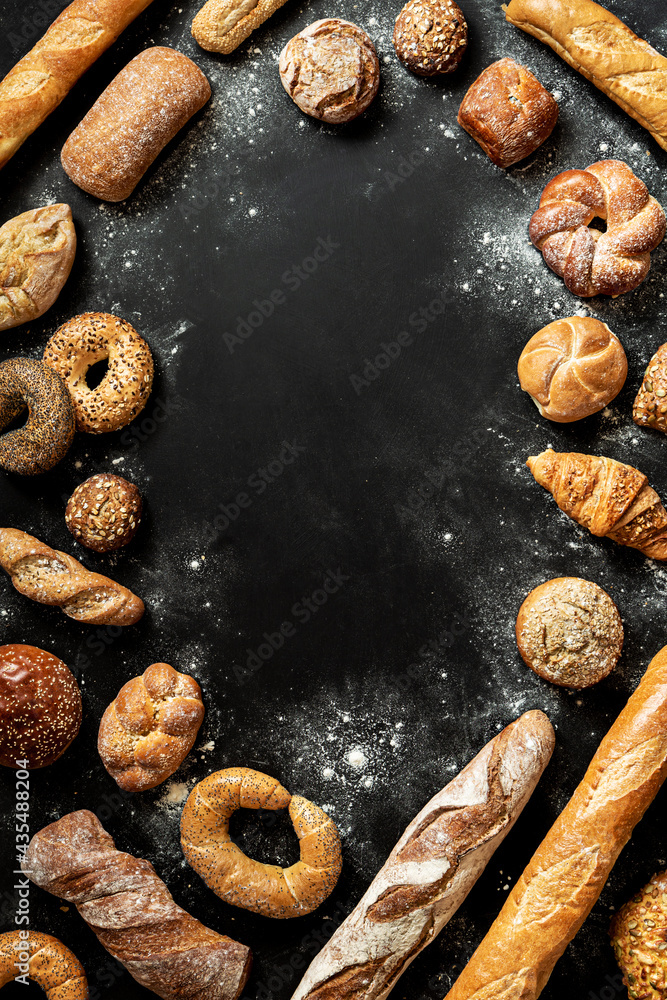 Breadstuff - bread rolls, baguette, bagel, burger bun and croissant on ...