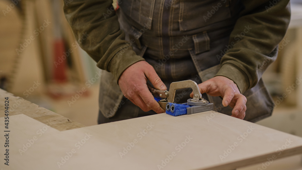 Close up. Carpenter work in the workshop. Woodwork and furniture making ...