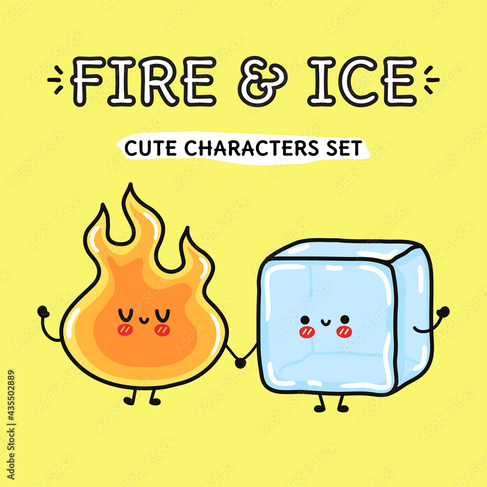 Funny cute happy fire and ice characters bundle set. Vector kawaii line ...