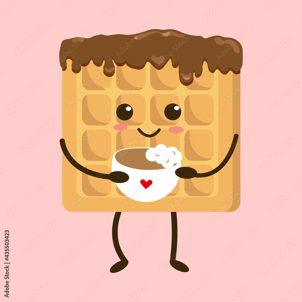 Kawaii Belgium waffles with pink cheeks and winking eyes, pastel colors ...