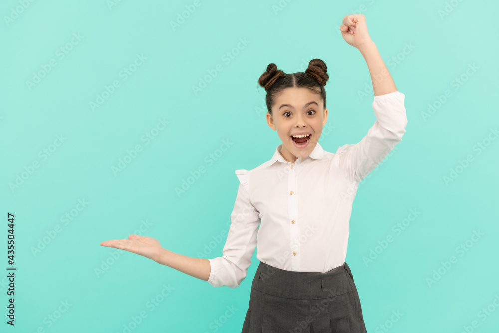 Yippee. Happy kid give winning gesture showing open hand. Celebrating ...