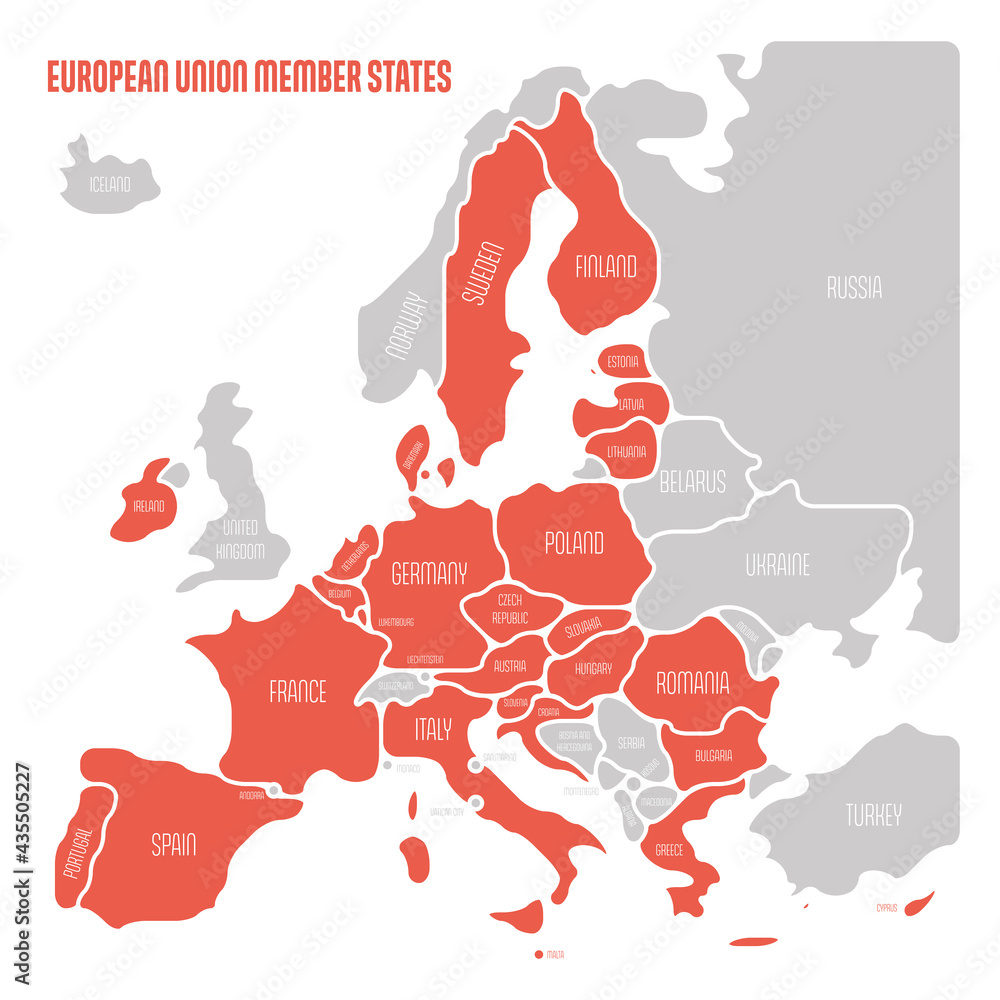 Simplified map of EU, European Union. Rounded shapes of states with ...