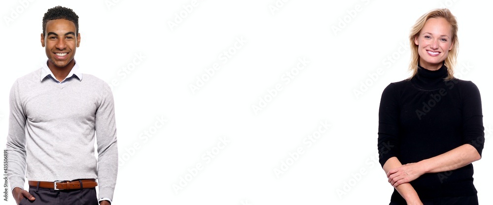 Two people in front of a white background with a white space in between ...