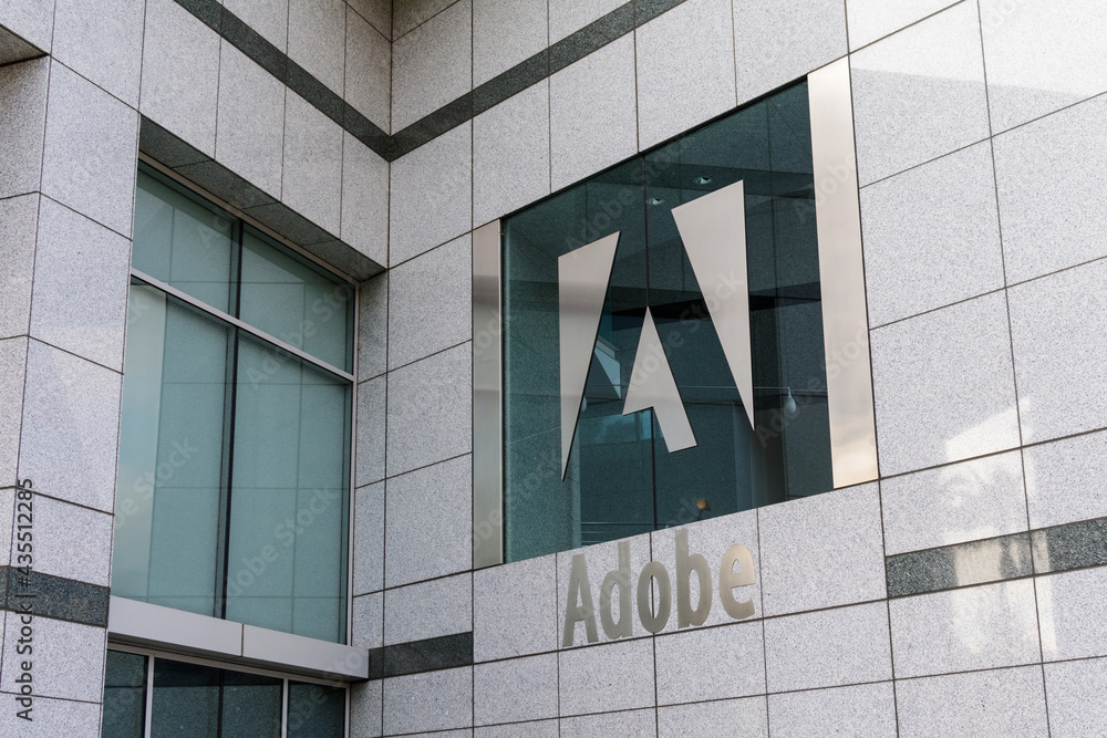 Adobe sign, logo on facade of Adobe World Headquarters in downtown of ...