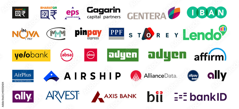 logos of famous banks of the world, badges with logos of companies and ...