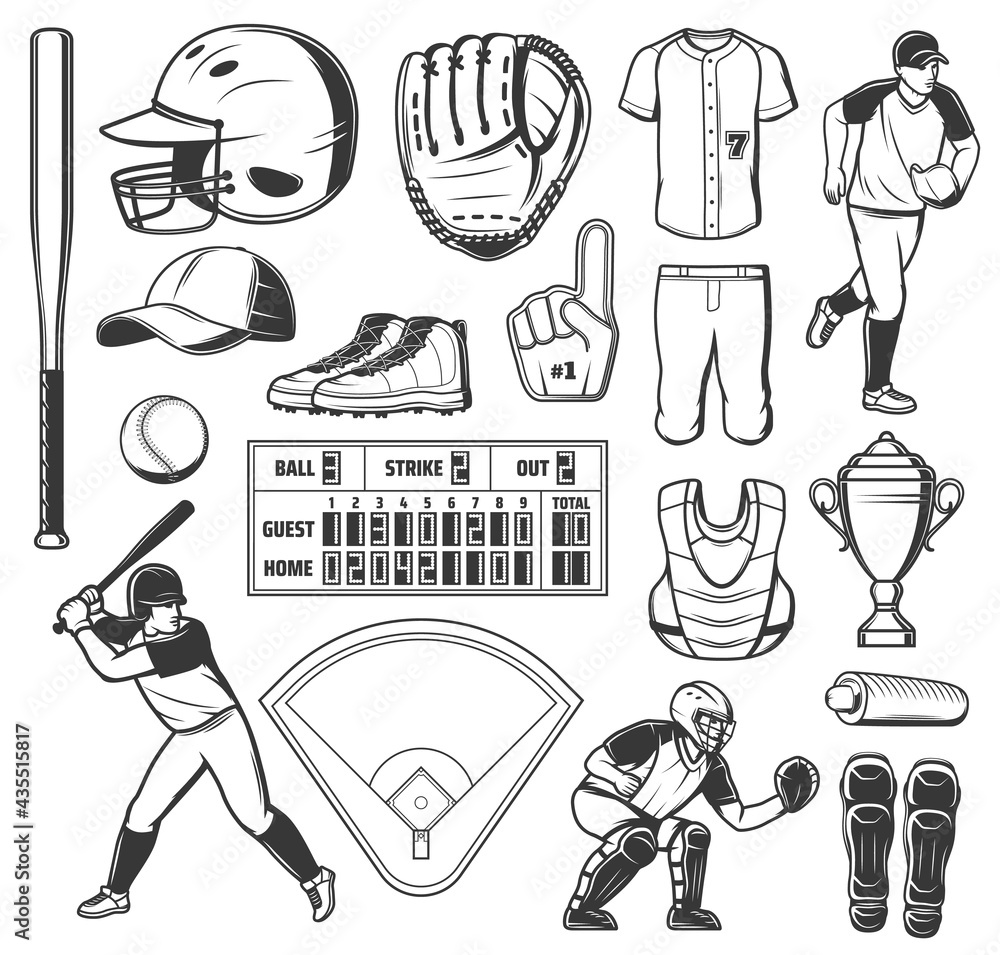 Baseball sport game vector icons ball, bat or winner trophy cup ...