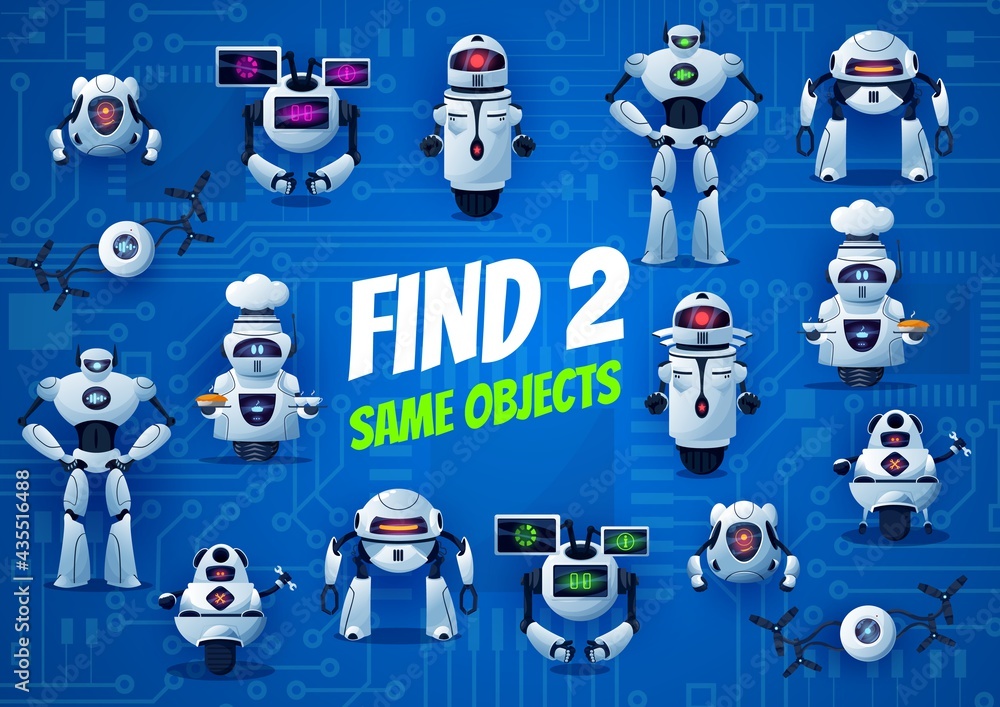Kids game, find two same robots and droids puzzle, children matching ...