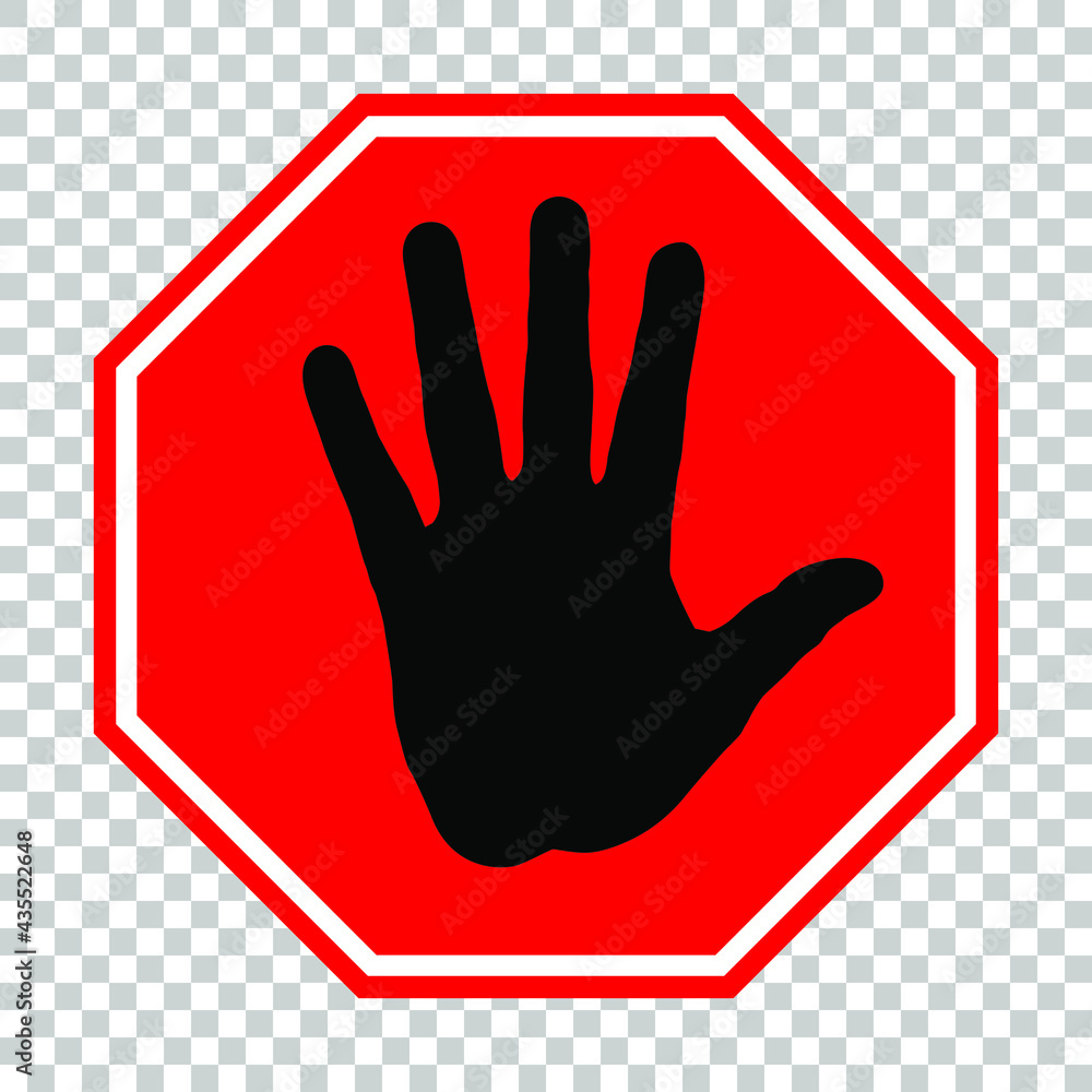 No symbol, silhouette of human hand in red octagon. Flat vector drawing ...