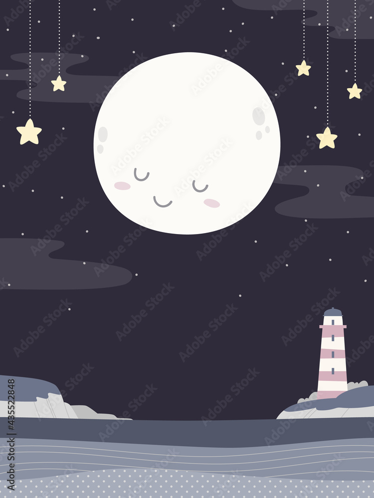 Night ocean scene illustration with cute moon, hanging stars, and ...