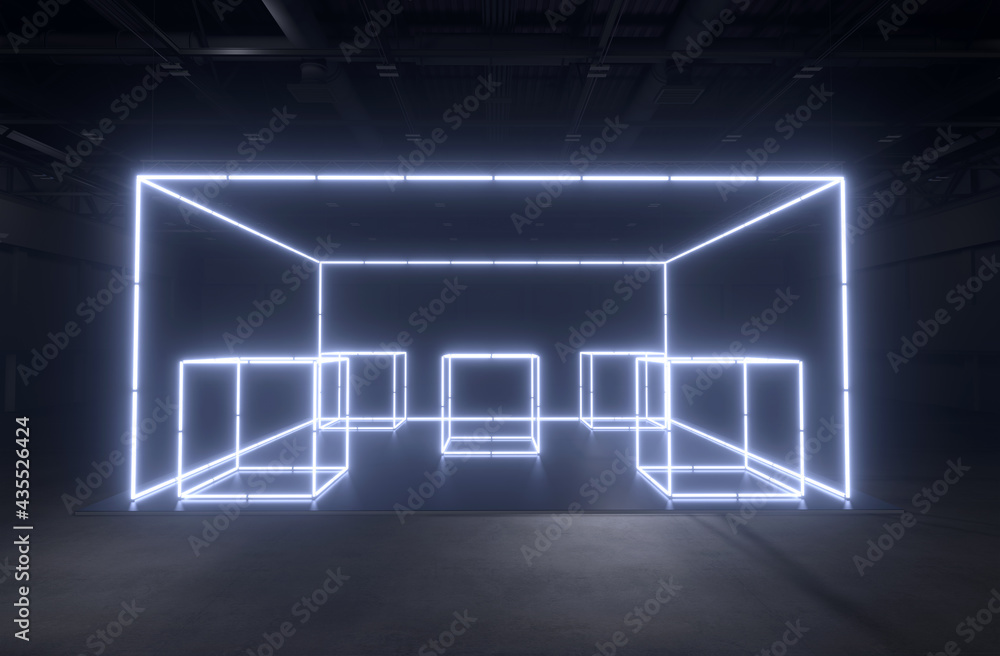 Exhibition standing for mockup and Corporate identity.Neon light ...