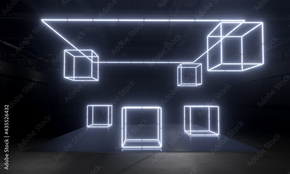Exhibition standing for mockup and Corporate identity.Neon light ...