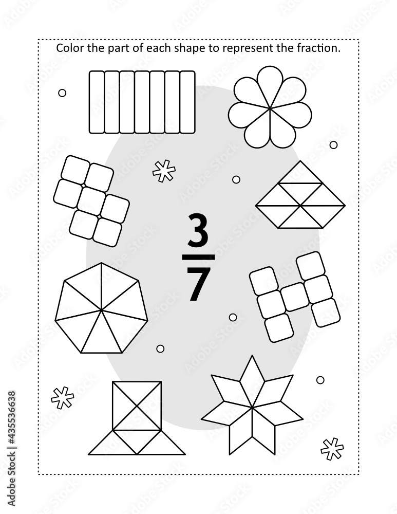 Math educational coloring page with a fraction and various shapes ...