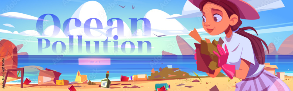 Ocean pollution cartoon web banner, woman clean up beach. Girl at sea ...