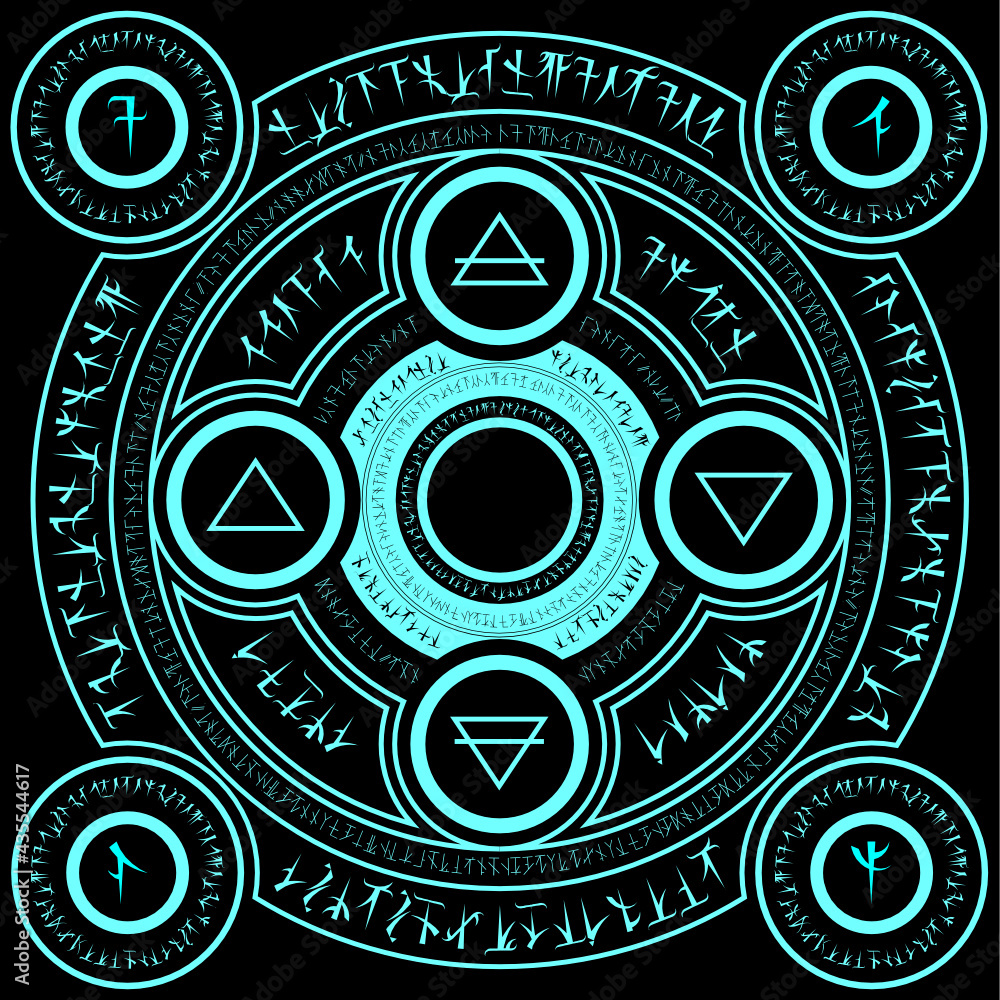 light blue magic incantation circle with fantasy alphabets spell (named ...