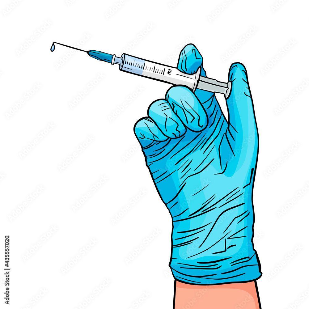 Sketch. A hand in a glove holds a syringe with a vaccine. Covid-19 ...