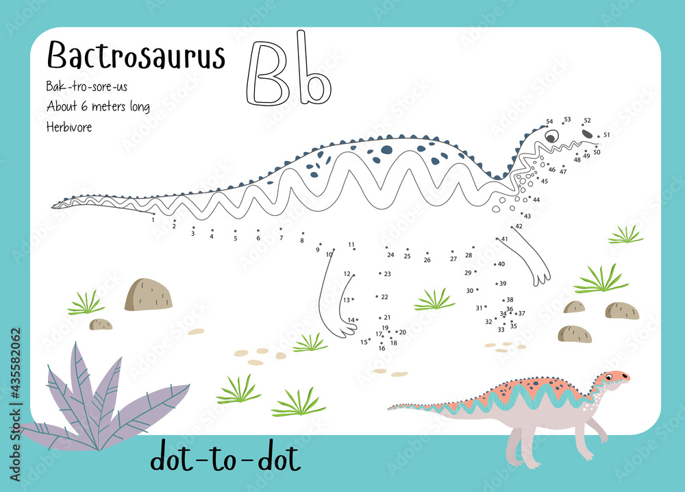 A dot by dot worksheet with dinosaur, name, facts and alphabet letter ...