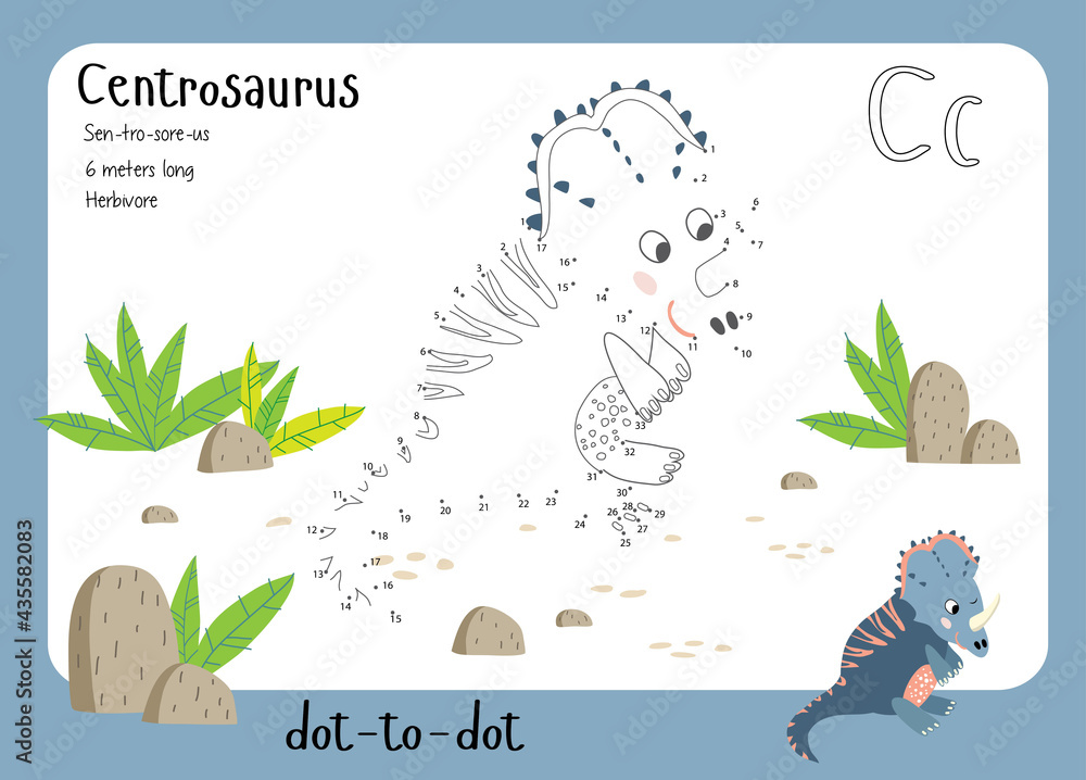 A dot by dot worksheet with dinosaur, name, facts and alphabet letter ...