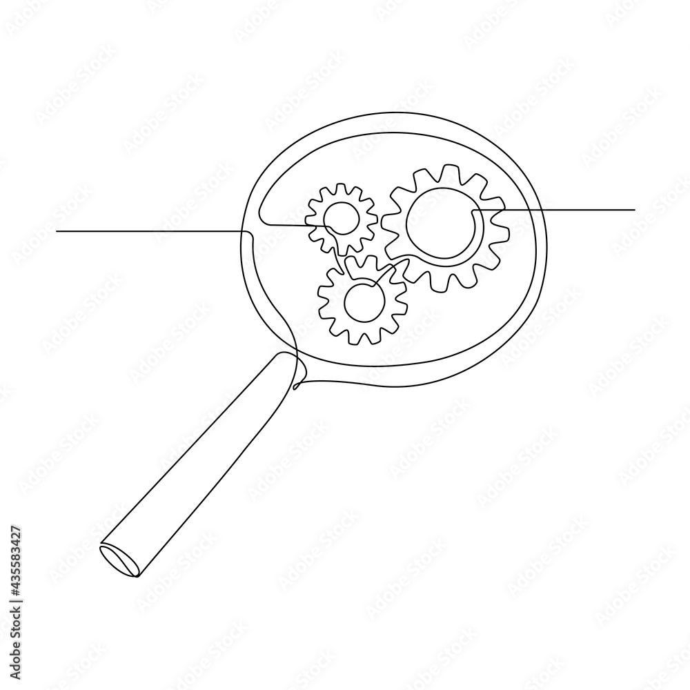Gears inside Magnifying glass in continuous line drawing. Concept of ...