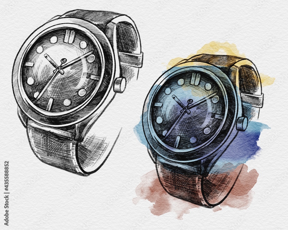 Hand drawing pencil sketch with watercolor of watch. Use for print ...