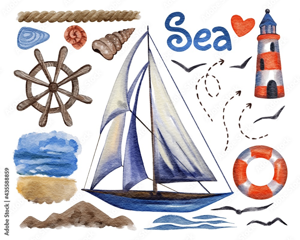 Hand drawing watercolor marine sailing set: lighthouse, sea, shells ...