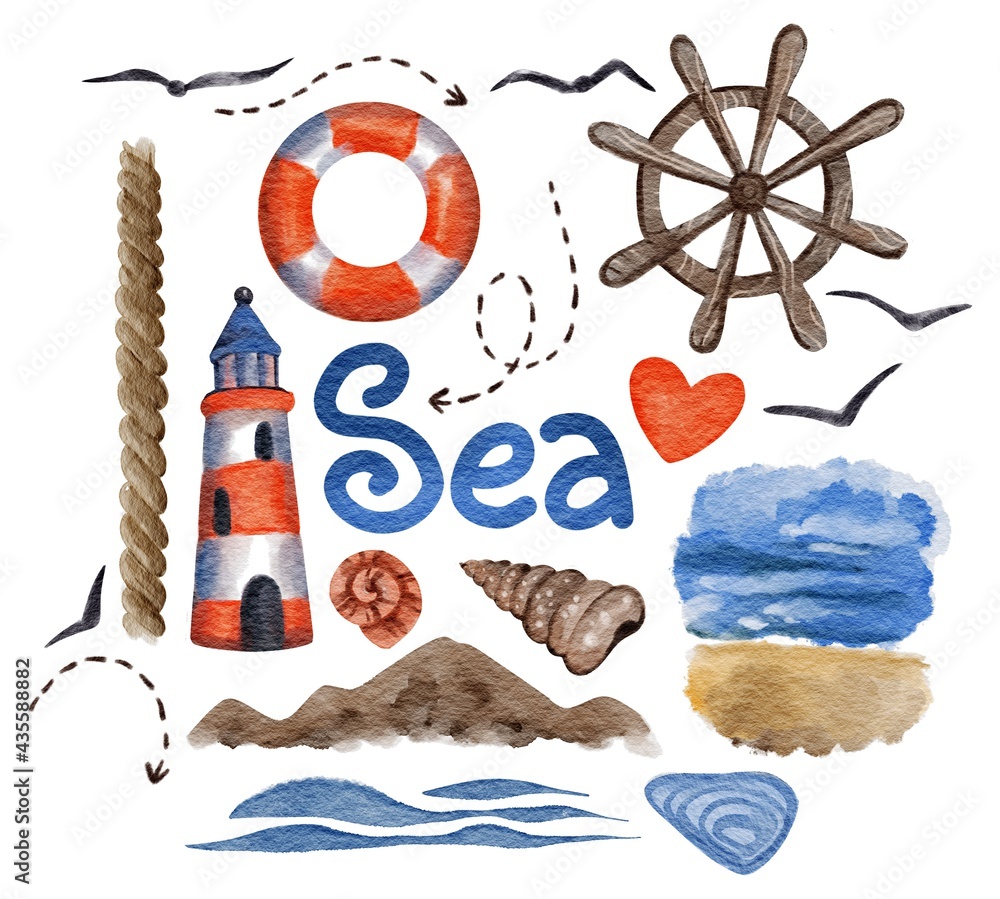 Hand drawing watercolor marine sailing set: lighthouse, sea and shells ...