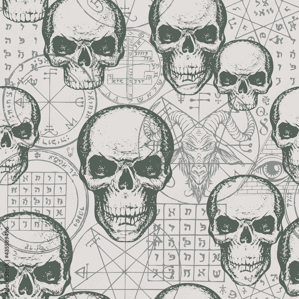 Abstract seamless pattern with hand-drawn human skulls against a goat ...