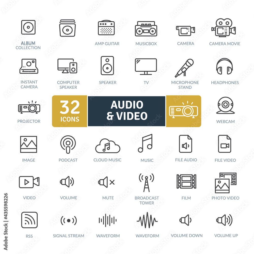 Audio Video Icons Pack. Thin line icons set. Flat icon collection set ...