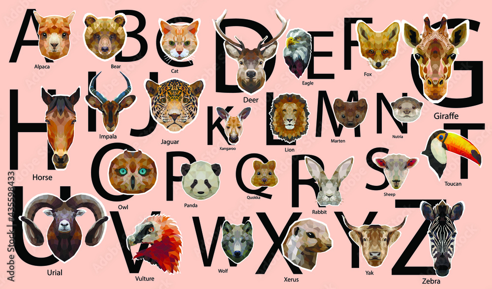 Cute vector zoo alphabet poster with low poly animals. Set of kids abc ...