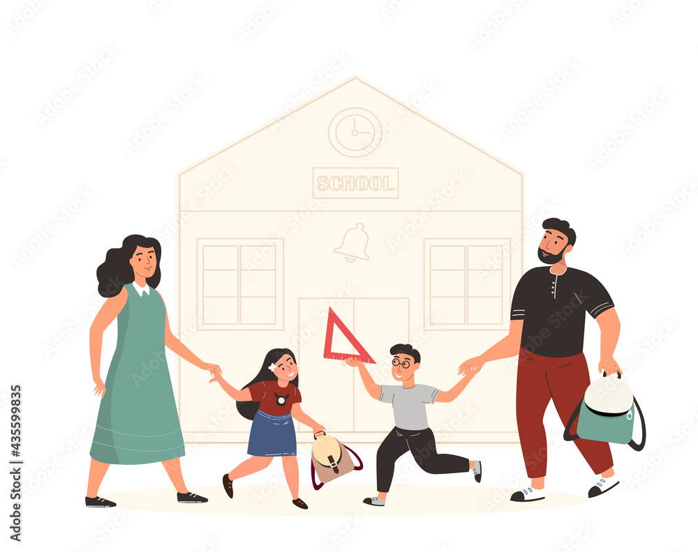 Back to School.Parents,Mother and Father go to the 1st school day.Happy ...