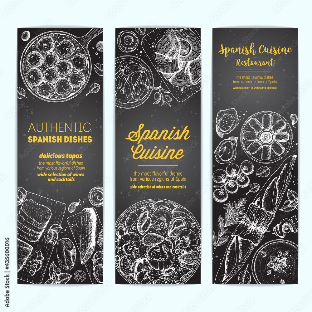 Spanish cuisine banner collection. Set spanish dishes with albondigas ...