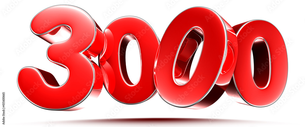 Rounded red numbers 3000 on white background 3D illustration with ...