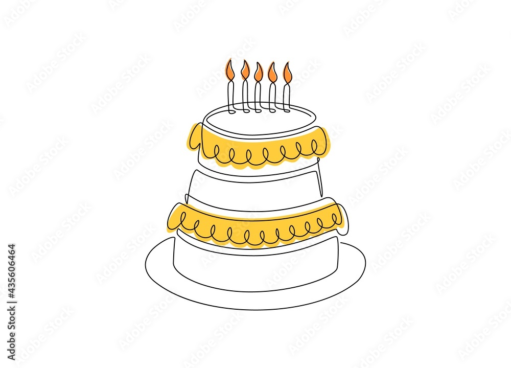 One line birthday cake with candles. Continuous line dessert, monoline ...