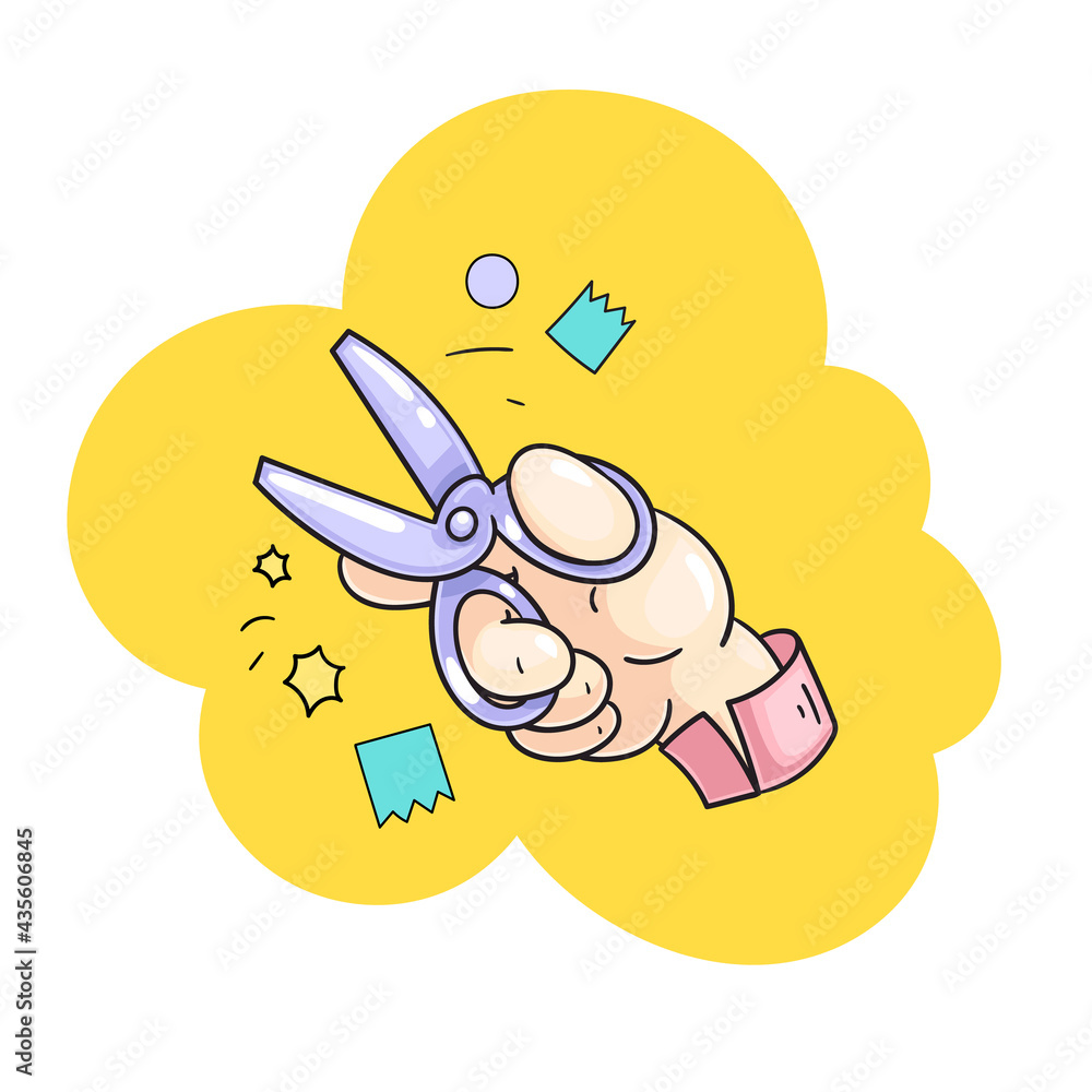 Cartoon illustration of a hand with scissors cuts. Colored icon for ...