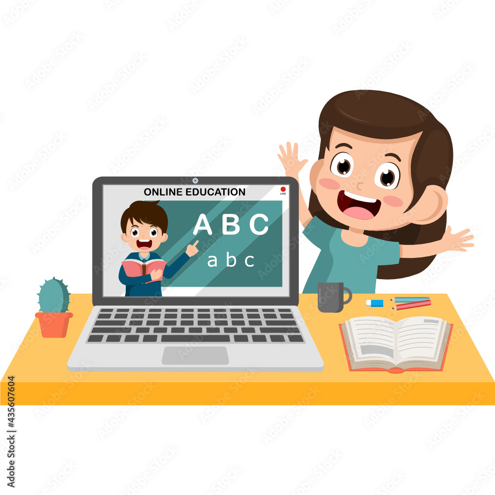 Cute little kid learning with computer laptop for Online education ...
