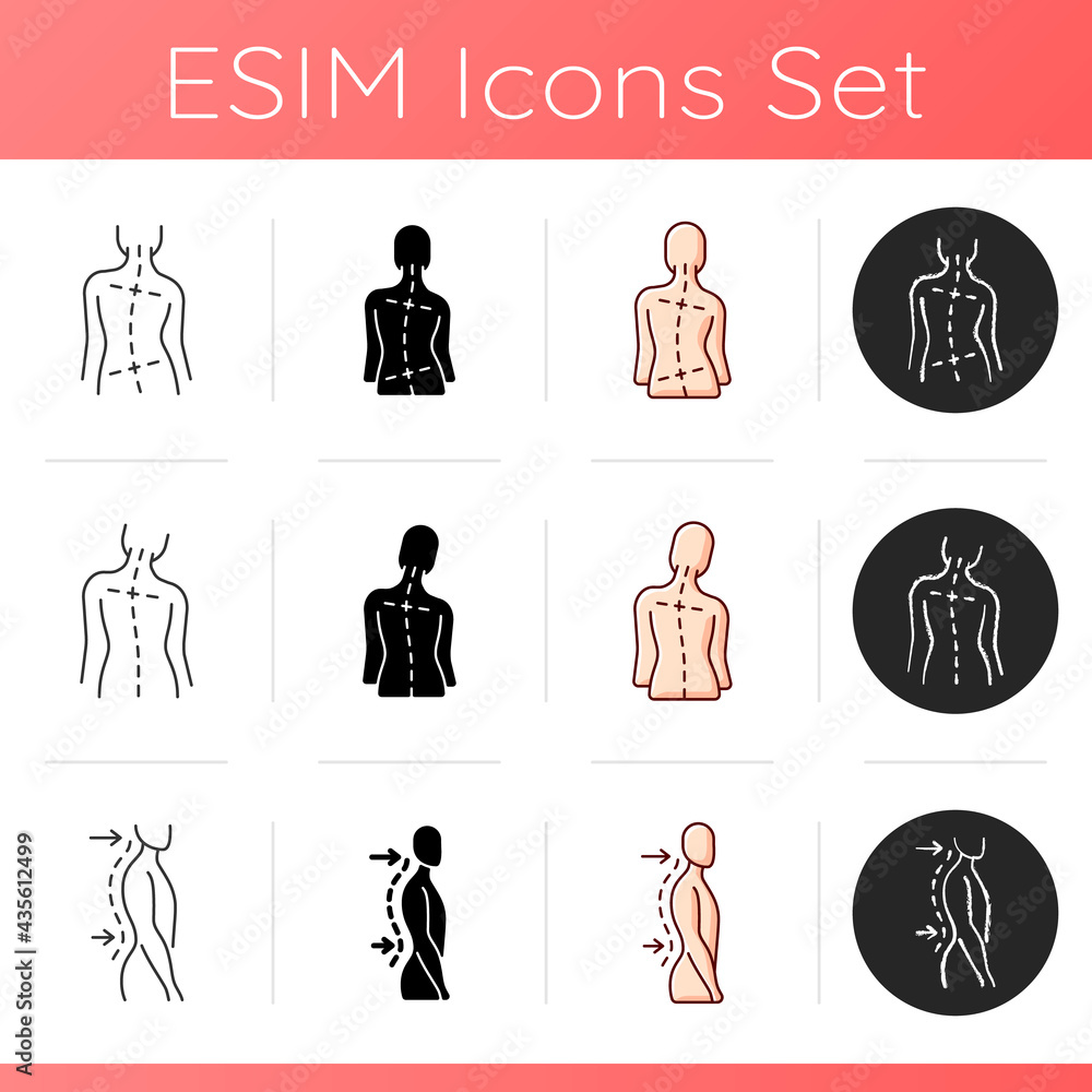 Back and posture problems icons set. Uneven hips and shoulders. Lumbar ...