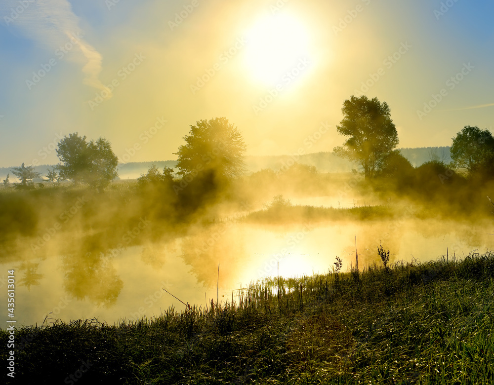 Beautiful morning on the river. Thick fog over the water, sun and lush ...