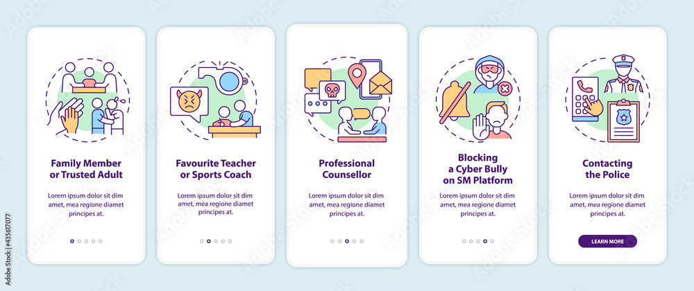 Reporting cyberbullying onboarding mobile app page screen with concepts ...