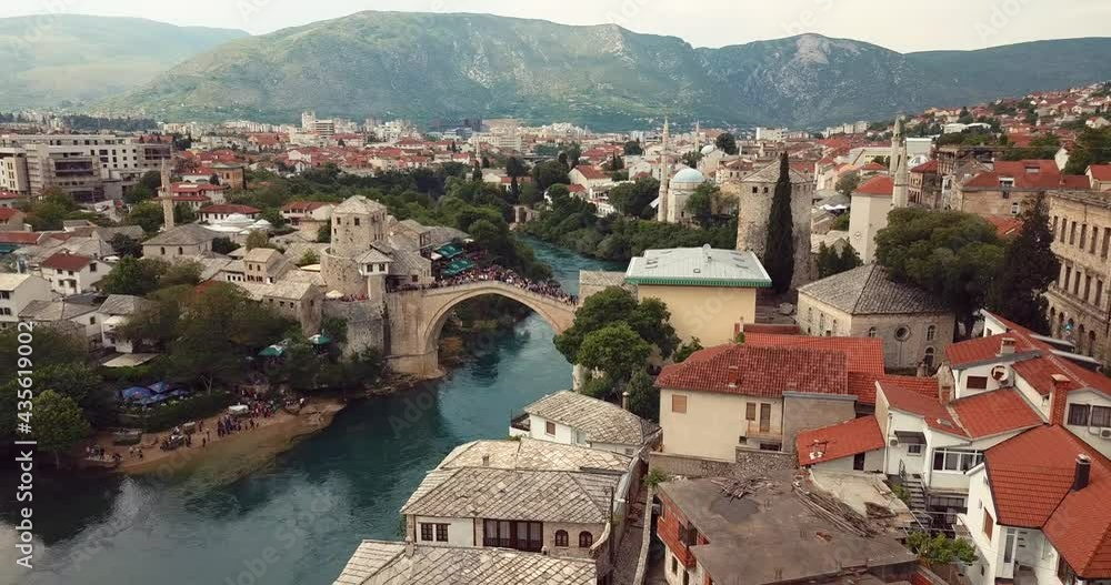 4K Footage Aerial View to the Old Bridge (Stari Most) in Mostar via the ...