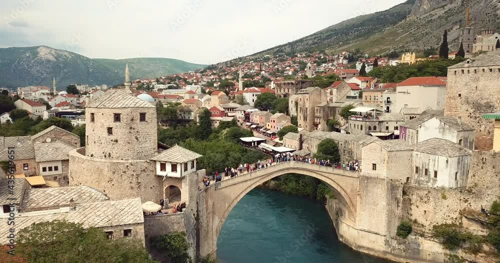 4K Footage Aerial View to the Old Bridge (Stari Most) in Mostar via the ...