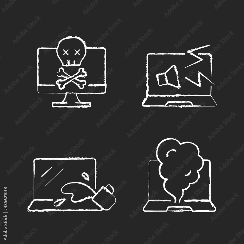 Broken laptop chalk white icons set on black background. Water damage ...
