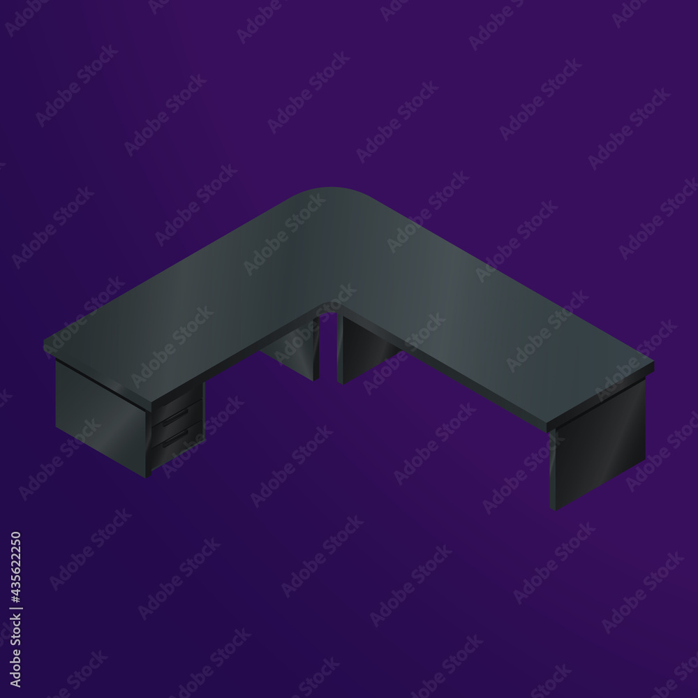 Dark angular table with a bedside table in isometric view. Drawing in ...