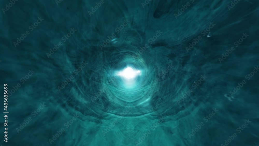 3D Animation fly in through dark glow green blue ocean cloud tunnel ...